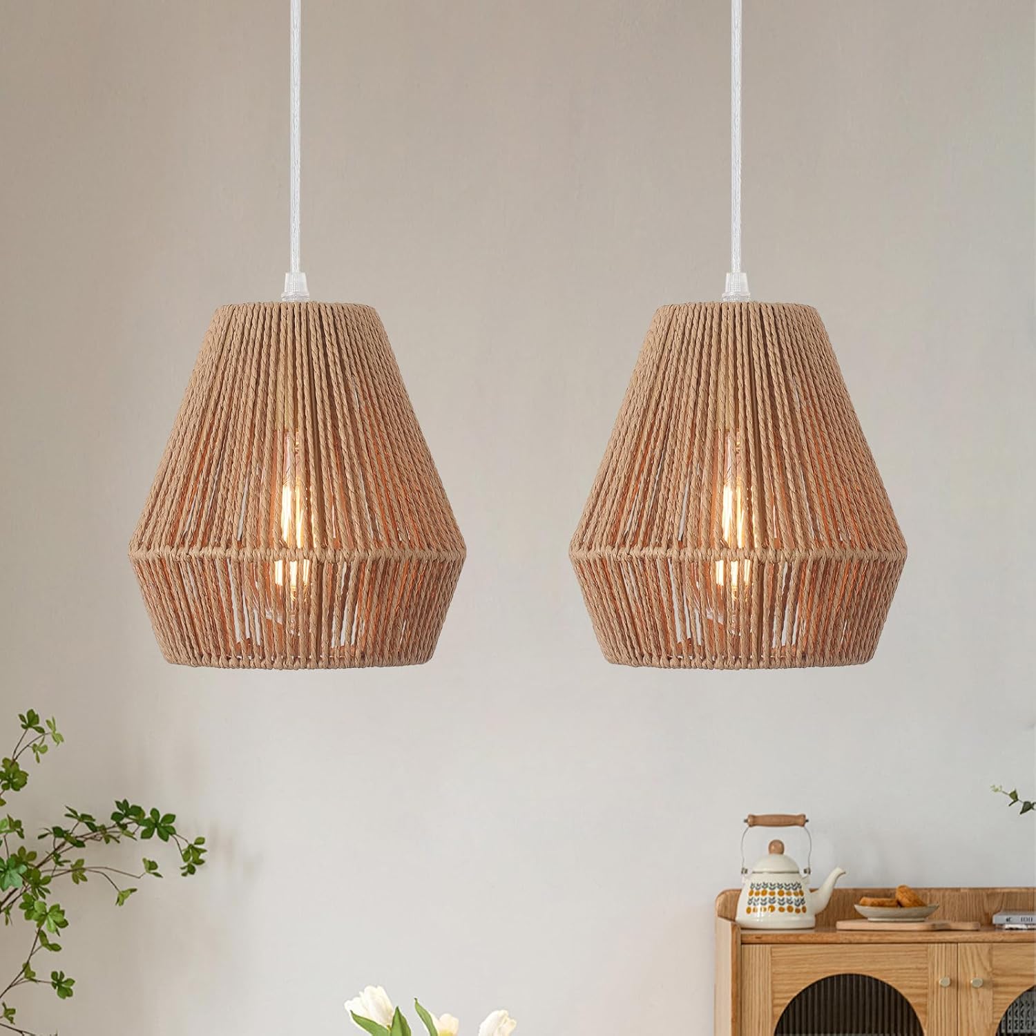 HLJYNJM 2 Pack 7'' Wicker Pendant Lights, Boho Hanging Lights with Hand ...