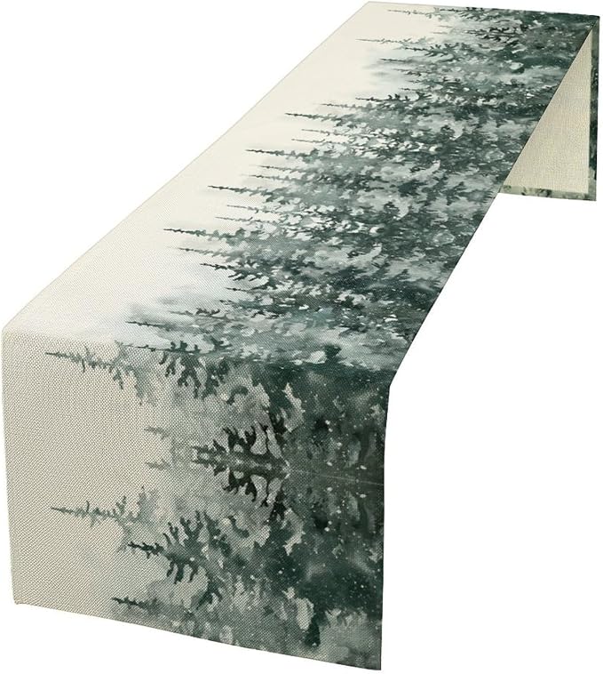 Amazon.com: Watercolor Winter Tree Table Runner, Green Snowy Pine ...