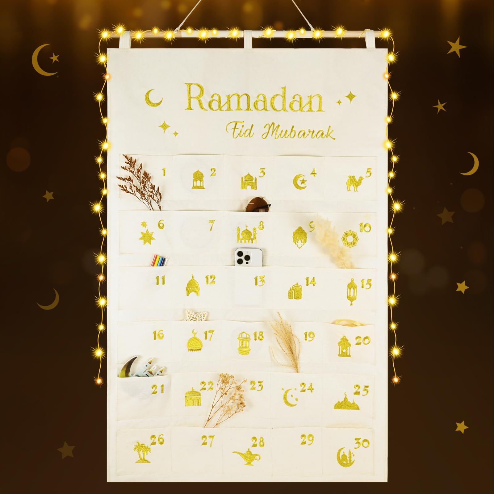 AMARI ® Calendrier mural Ramadan en tissu avec barre de fixation ...