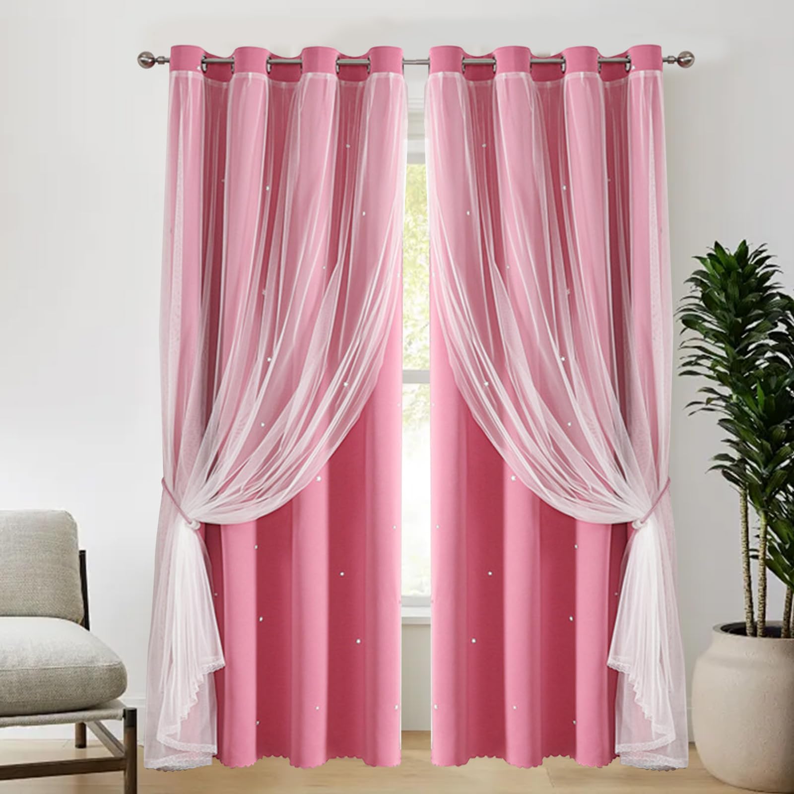 Amazon.com: ABREEZE Princess Pink Curtain Hollow-Out Stars Dual Layer ...