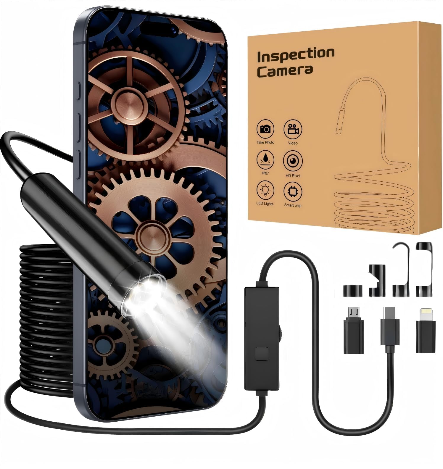 Endoscope Inspection Camera with Lights, 1920P HD Flexible Borescope ...