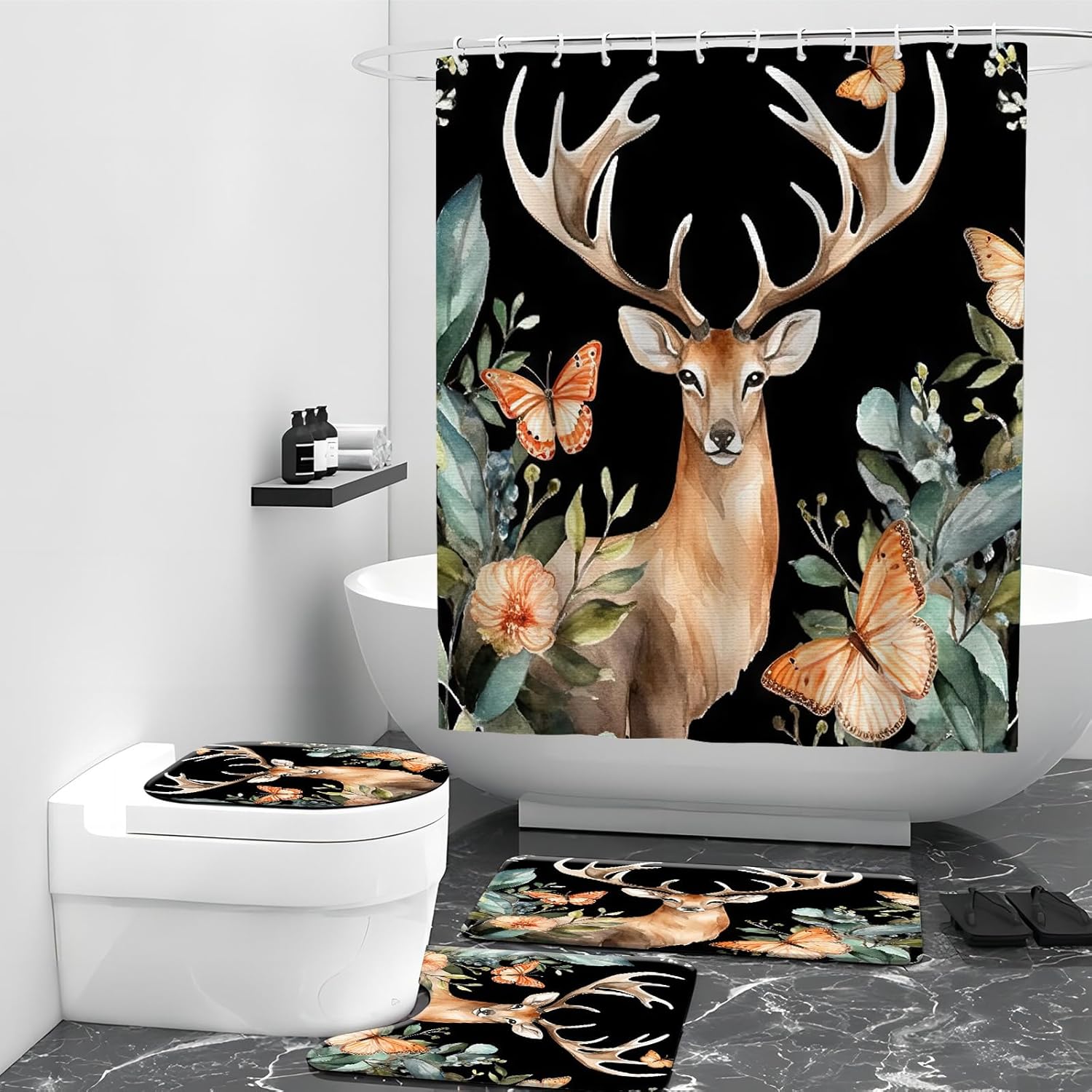 Amazon.com: cromcu 4PCS Deer Bathroom Shower Curtain Set with 12 Hooks ...