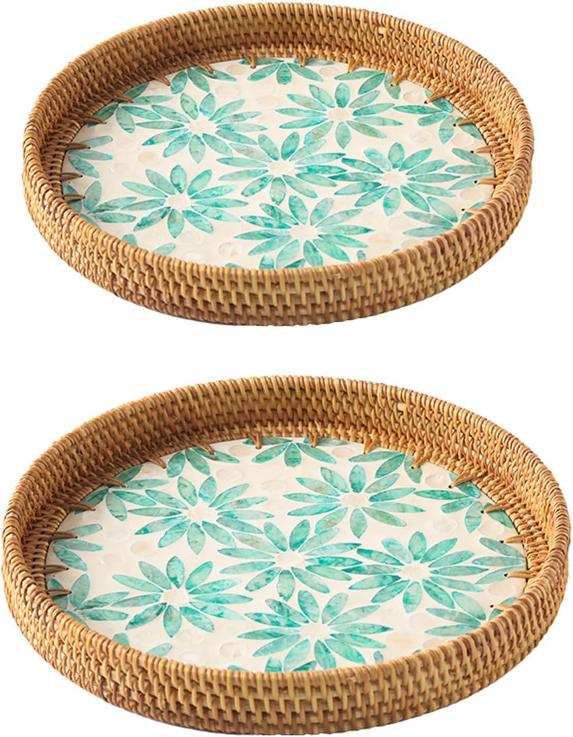 2Pcs Round Rattan Tray with Mother of Pearl Inlay, Round Rattan Serving ...
