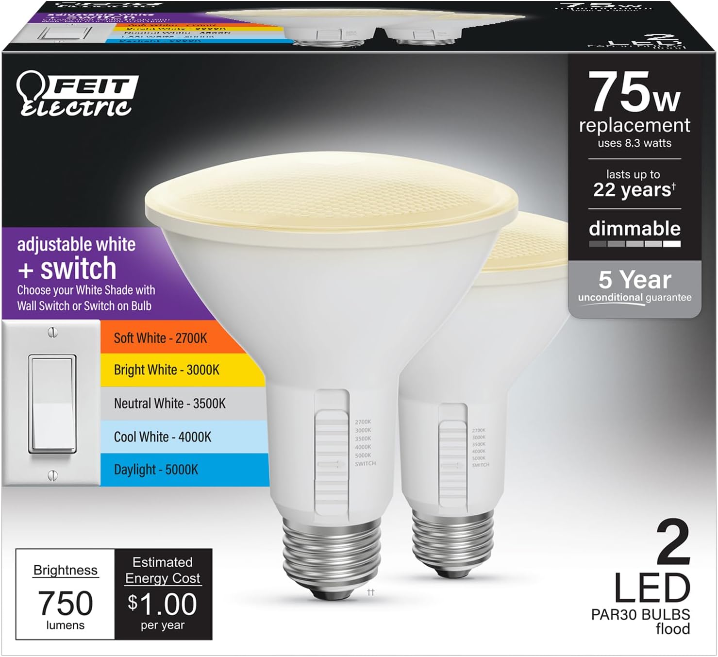 Feit Electric PAR30 LED Light Bulb, 75W Equivalent, Dimmable, Color ...