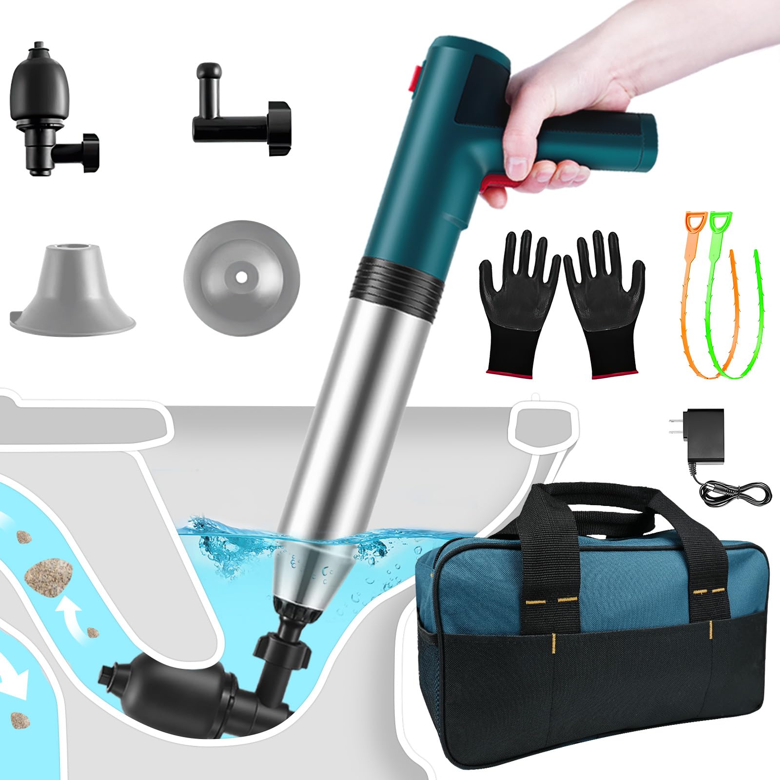 Electric Toilet Plunger Set - High Pressure Air Drain Blaster Clog ...