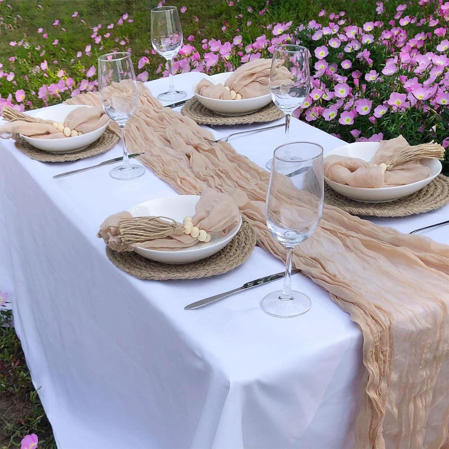 Amazon.com: FuSenYuan Beige Cheesecloth Table Runner 10 Ft +6 Napkins ...