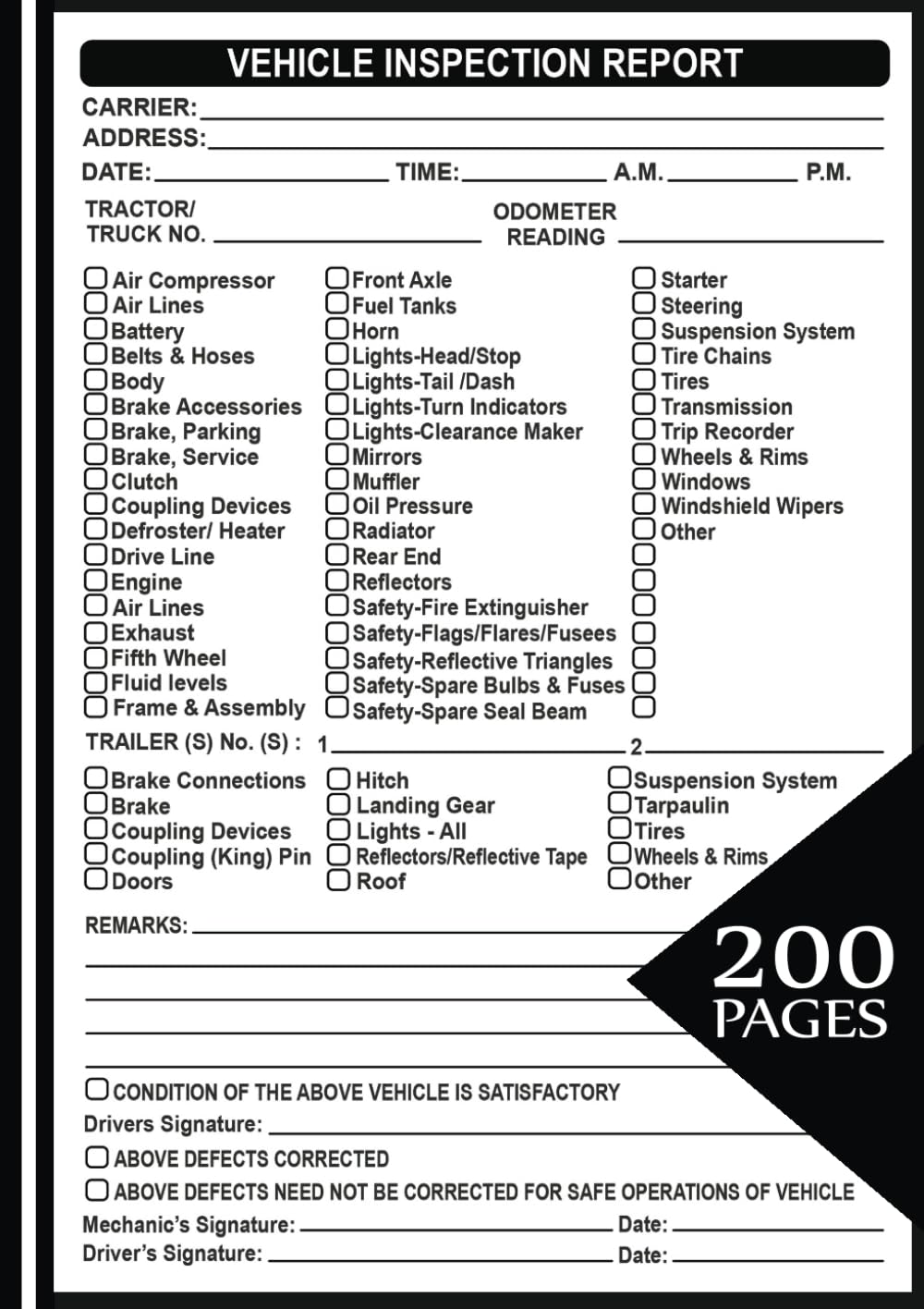 Driver Vehicle Inspection Report Book: Comprehensive Detailed Daily ...