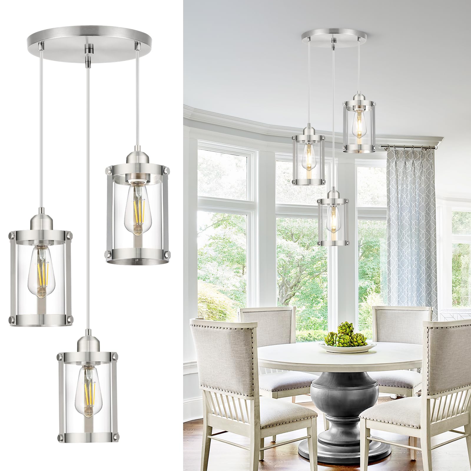 3-Light Pendant Lighting, Brushed Nickel Dining Room Chandelier Light ...