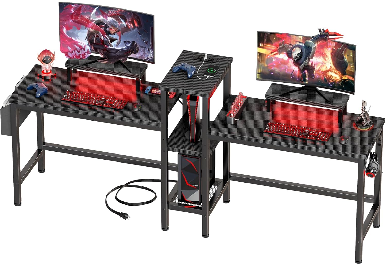 Furologee 71" Two Person Gaming Desk with LED Lights and Power Outlets ...