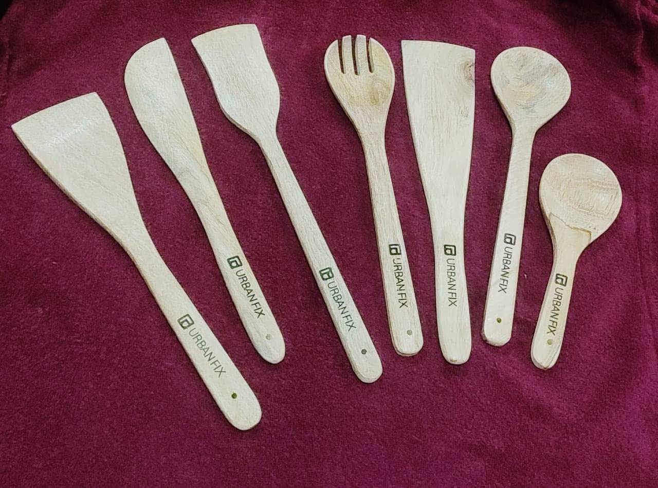 Buy URBANFIX Wooden Spatula Ladle Set - Pack of 7 for Serving Cooking ...
