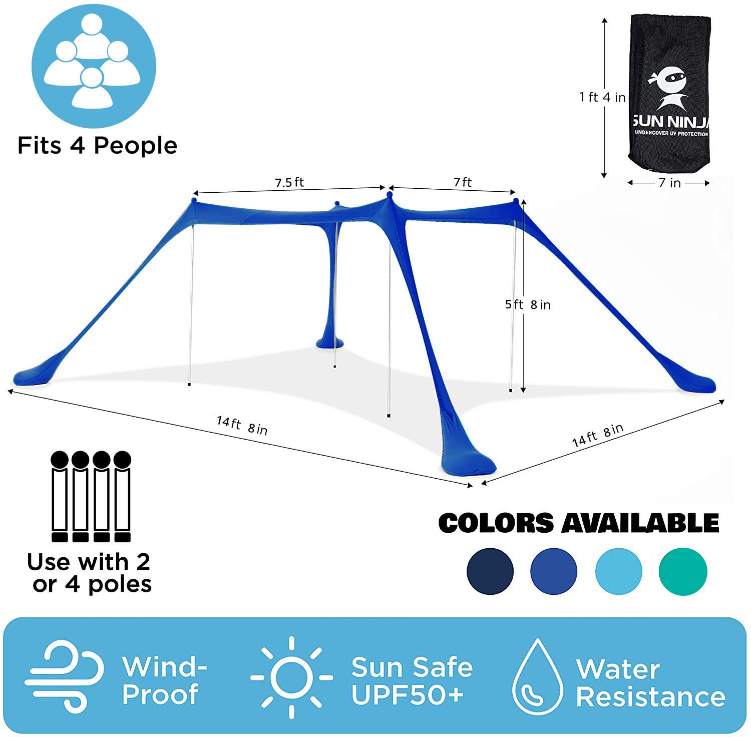 SUN NINJA Pop Up Beach Tent Sun Shelter UPF50+ with Sand Shovel, Ground ...