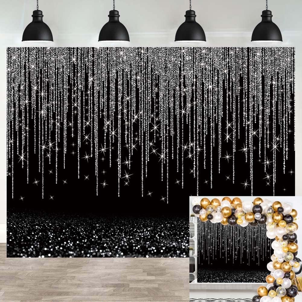 Black and Silver Glitter Sparkle Backdrop Adult Kids Happy Birthday ...