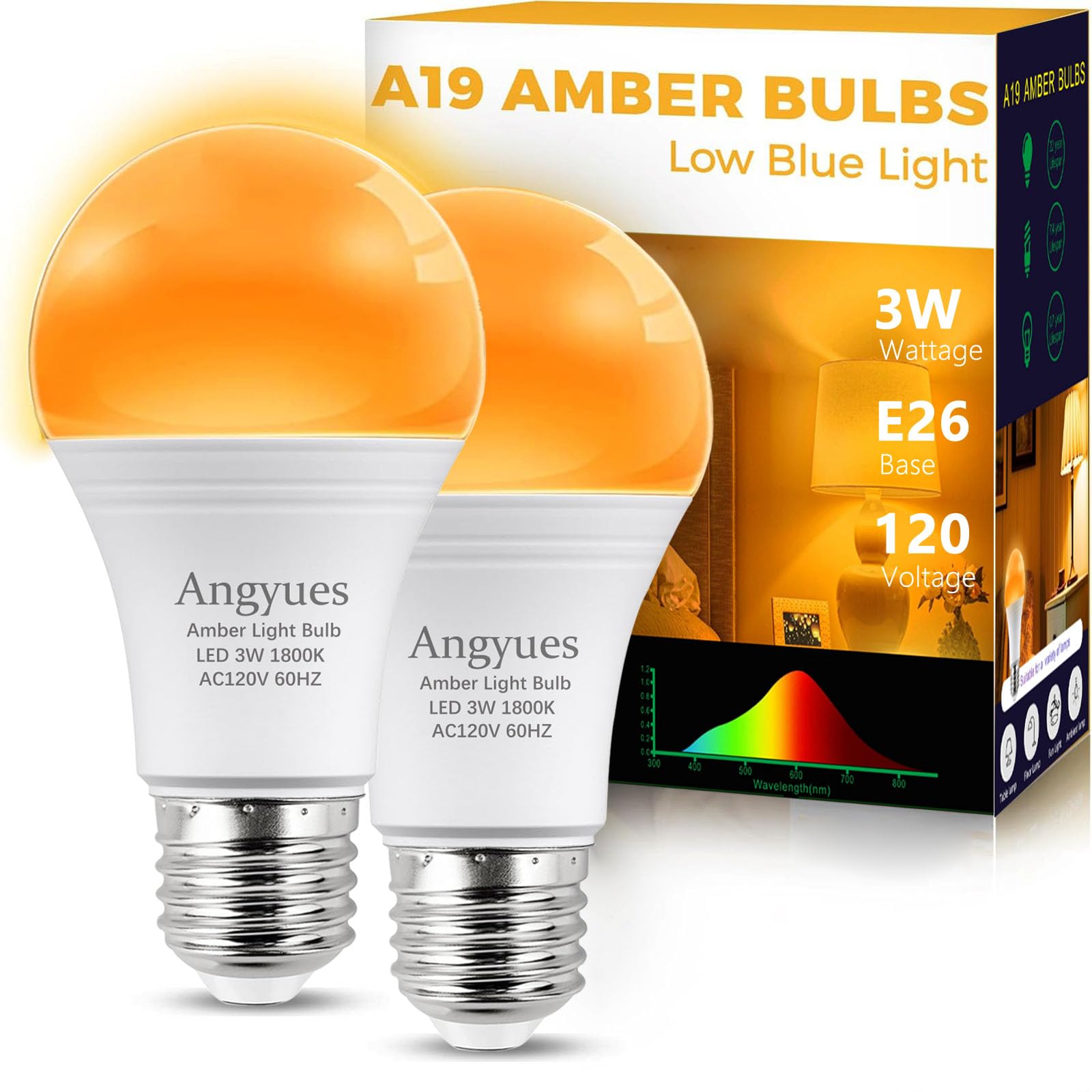 Angyues Amber Sleep Light Bulbs, Blue Light Blocking, A19 3W(25 Watt ...