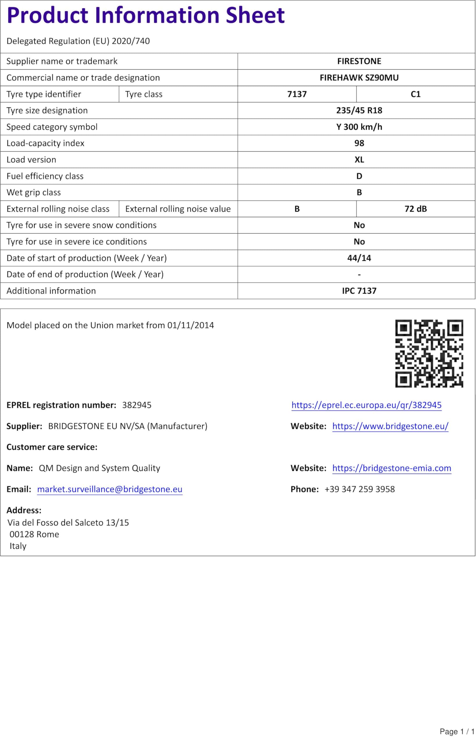 FIRESTONE FH SZ90 XL 235/45/R18 98Y -Summer Tire- B/E/72 : Amazon.co.uk ...