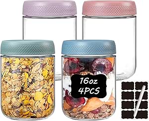 Amazon.com: 4 Pack 16oz Glass Jars with Lids Overnight Oats Snack Pudding Yogurt Container ...