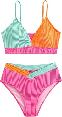 Amazon.com: MakeMeChic Girl's Colorblock Two Piece Bathing Suit ...