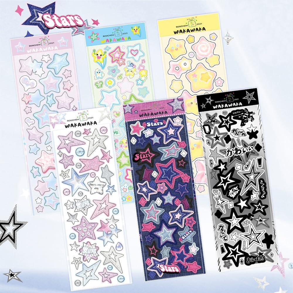 Amazon.com: 6 Pack Korean Deco Stickers Cute Sticker Sheets Laser Star ...