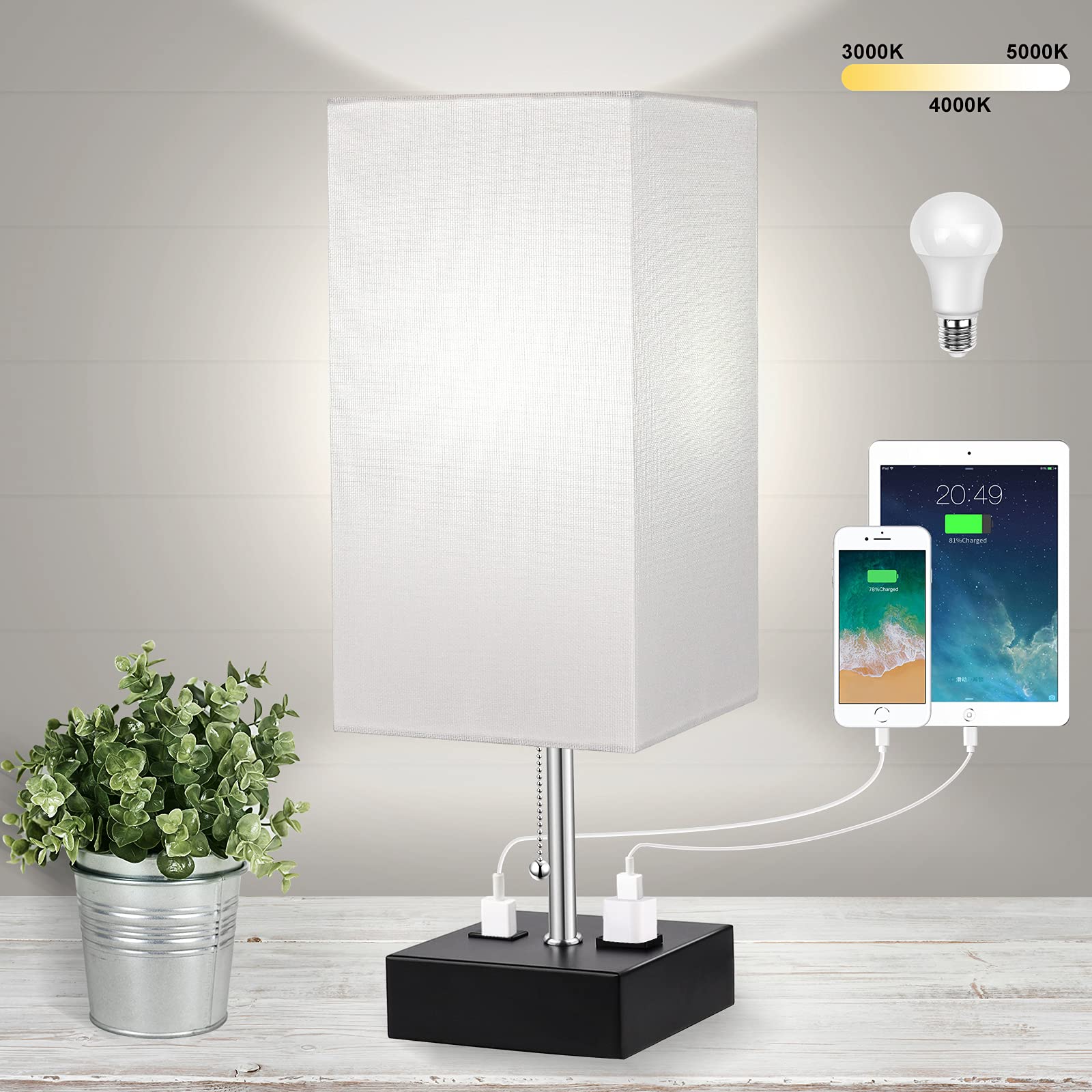 3-Color Temperature Table Lamps for Bedroom Lamp Bedside Lamp with USB ...