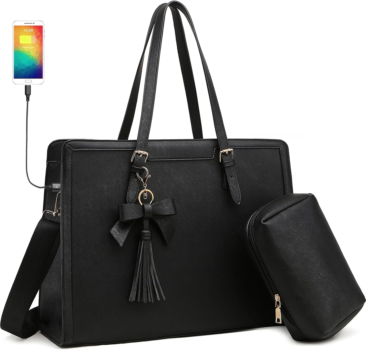 portafolios grande impermeable de piel sintética con puerto de carga USB, bolsa de trabajo para ...