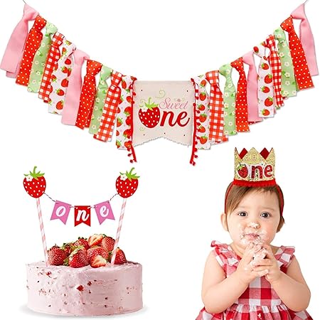 Amazon.com: Strawberry High Chair Banner for 1st Birthday - Strawberry Theme Birthday Decoration ...