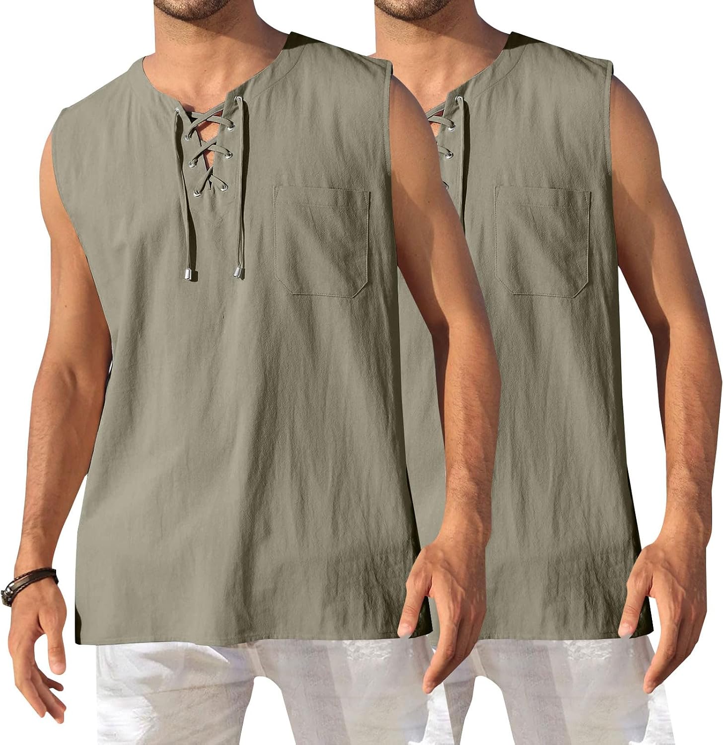 Tank Tops Men Cotton and Linen 2 Pc Sleeveless Beach Summer Casual ...