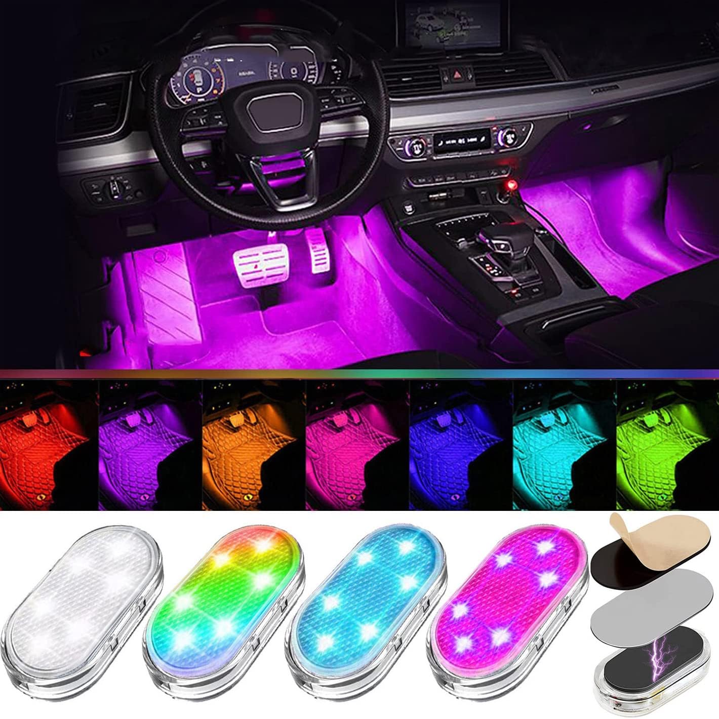 Amazon.com: 4Pcs Car LED Lights Interior Wireless, 7 Colors Interior ...