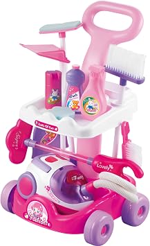 Childrens Pink Cleaning Trolley Cart Role Play Toy Set & Working Vacuum ...