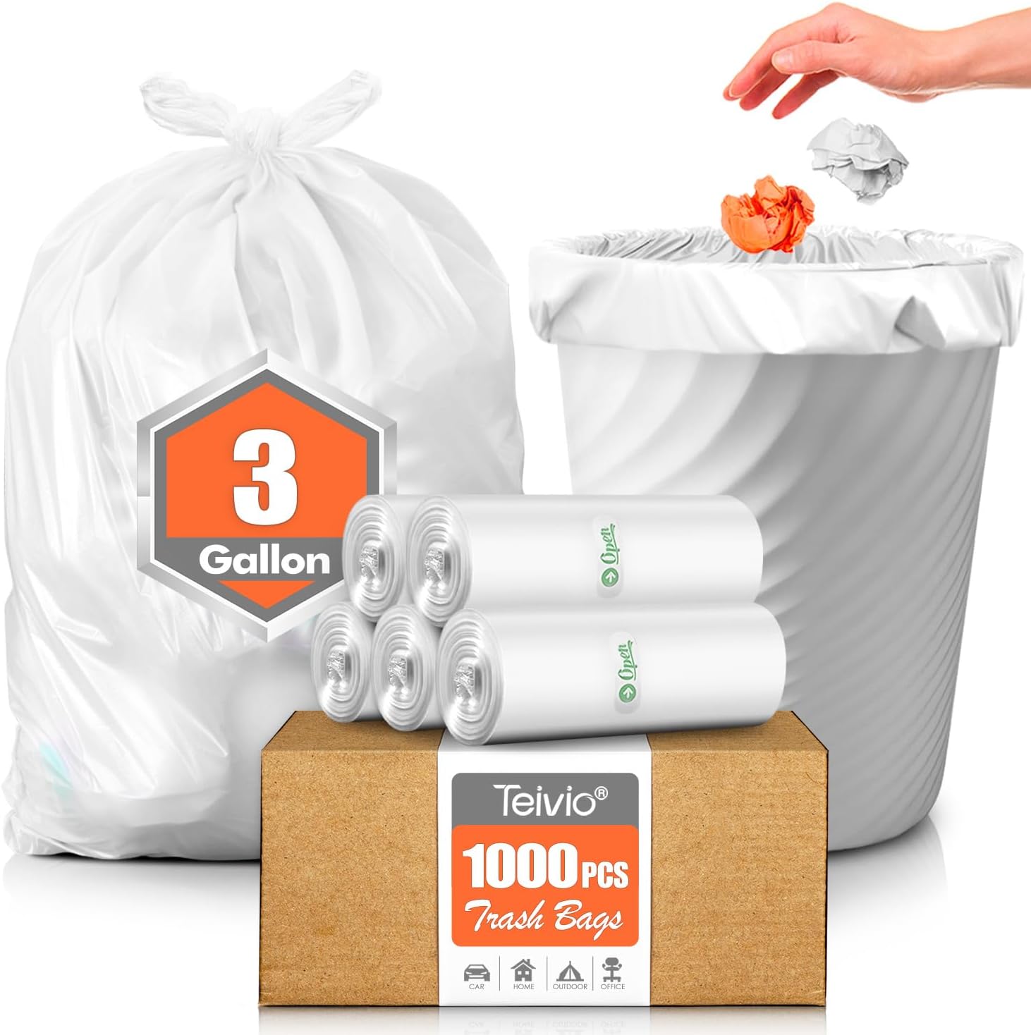 Amazon.com: Teivio 3 Gallon 1000 Counts Strong Trash Bags Garbage Bags ...