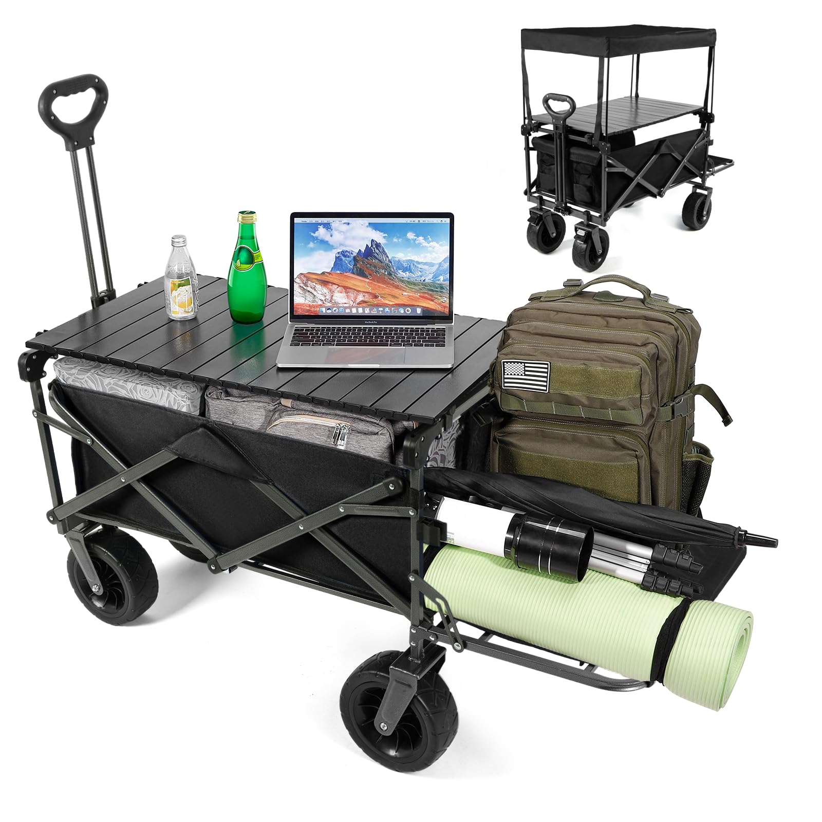 Beach Wagon Cart for Camping?Folding Garden Wagon with Tabletop,300lbs ...