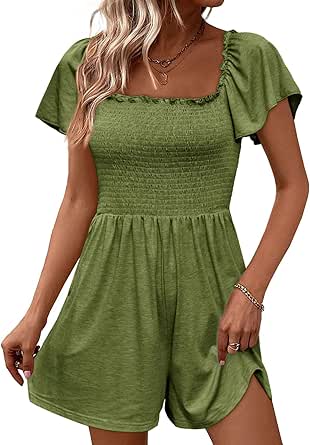 Amazon.com: Cicy Bell Womens Summer Smocked Romper Ruffle Sleeve Square ...