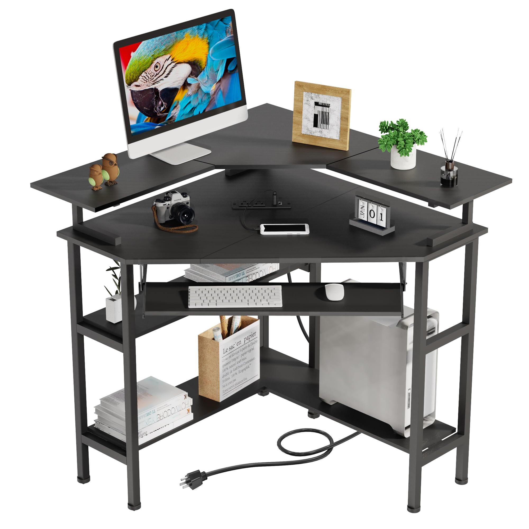 Amazon.com: Corner Computer Desk with Charging Station, Triangle Corner ...