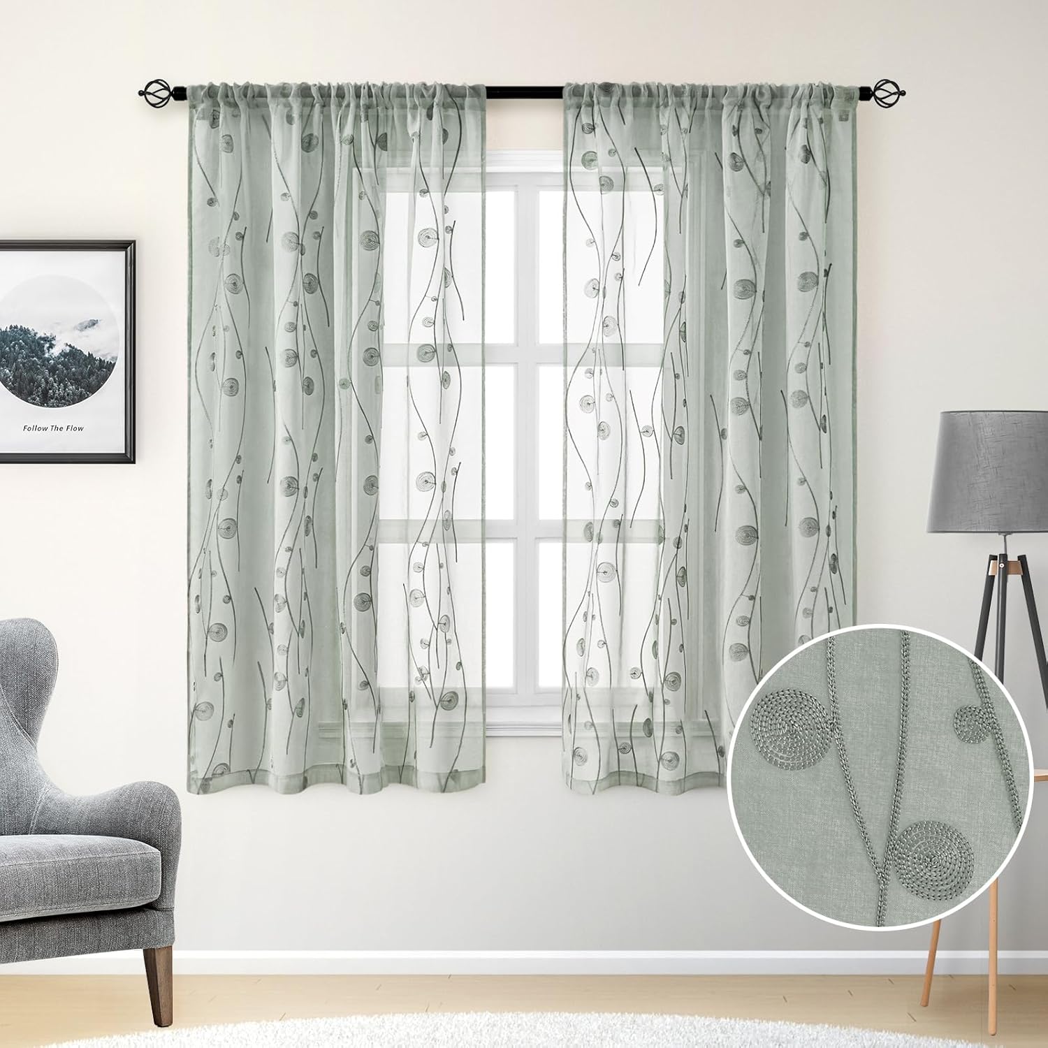 Amazon.com: HOMEIDEAS Sage Green Sheer Curtains 52 X 63 Inches Length 2 ...
