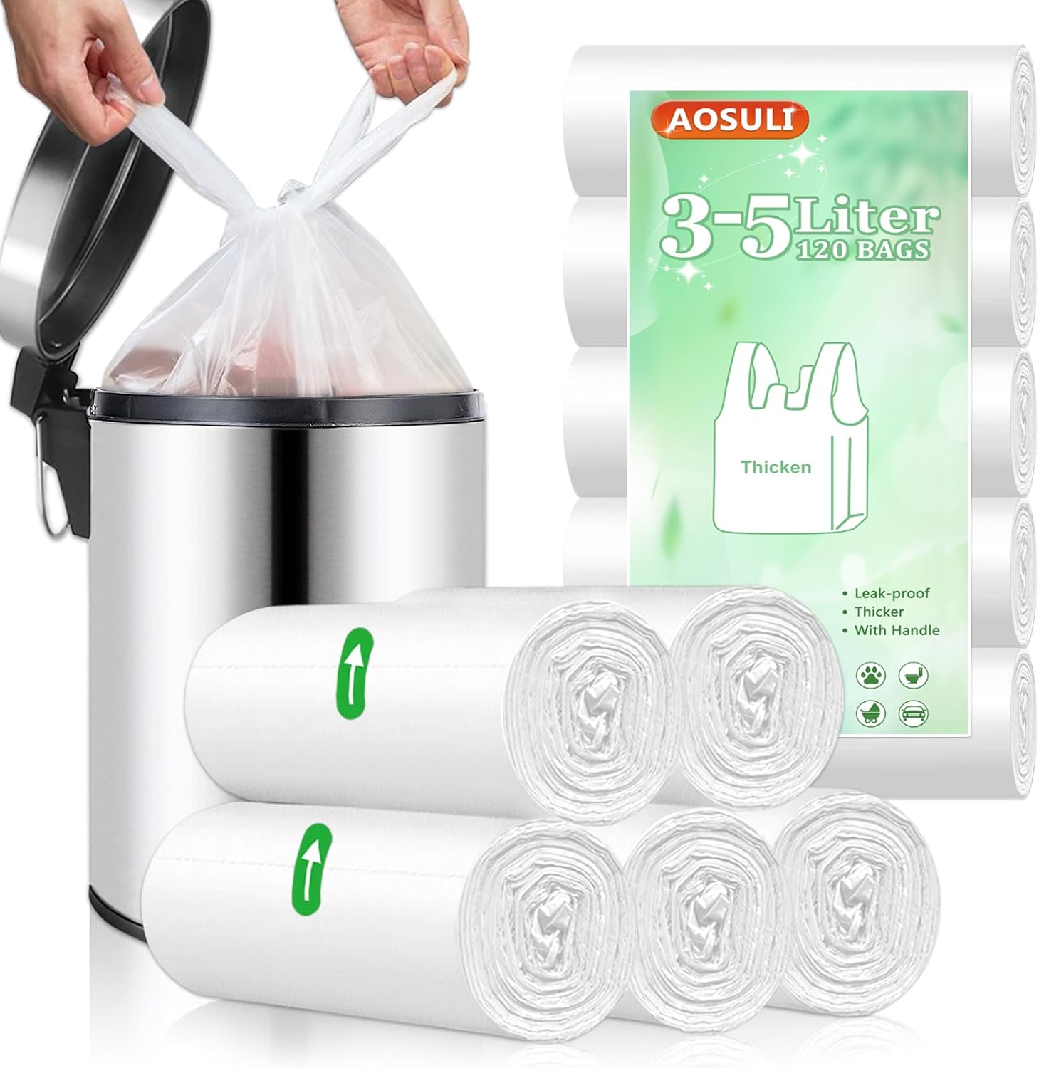 AOSULI Small Bin Liners 3L-5Liter with Tie Handles Bathroom Bin Bags ...