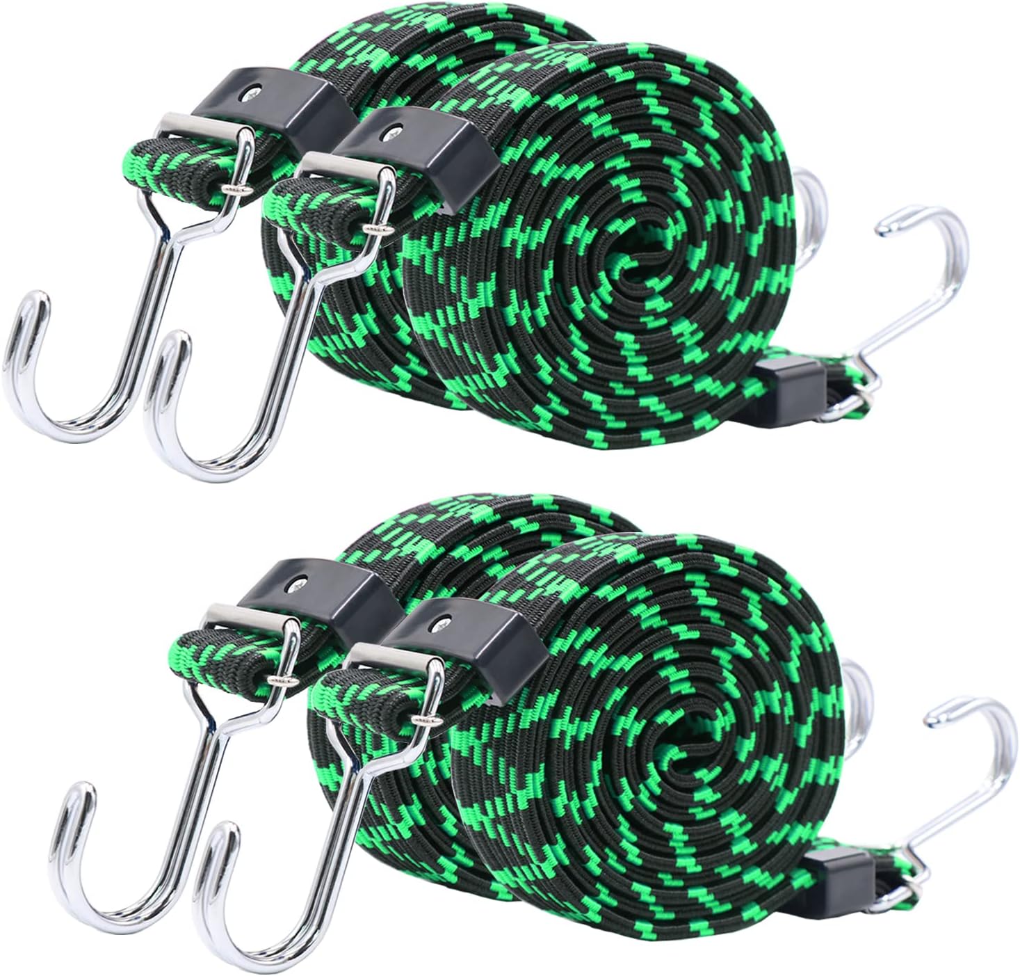 LOOGI Adjustable Bungee Cords with Hooks, 4 Pack 2M Flat Bungee Straps ...