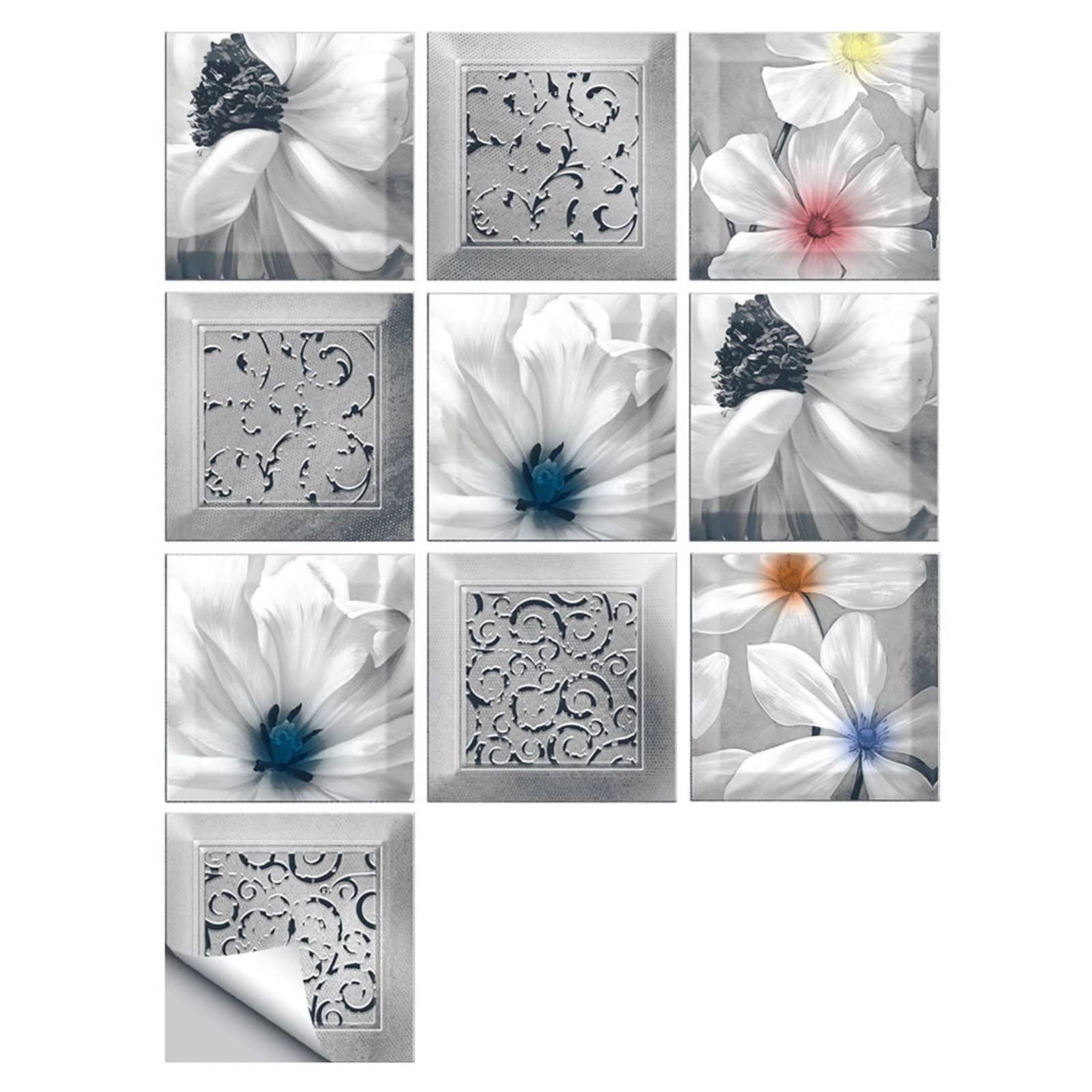 Amazon.com: 10Pcs Flower Pattern PVC Tile Stickers with Peel and Stick ...