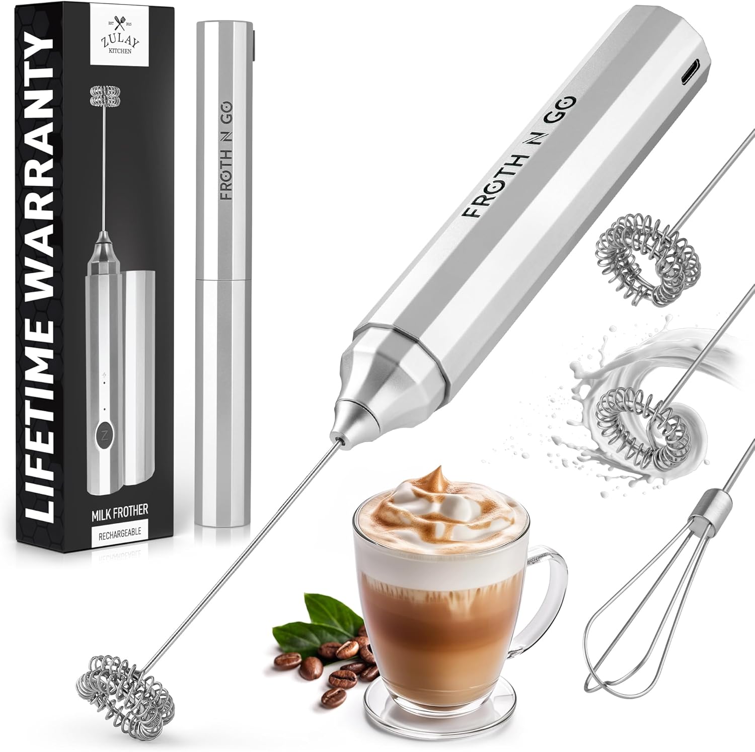 Amazon.com: Zulay Froth N Go Milk Frother Rechargeable - 3-in-1 Frother ...