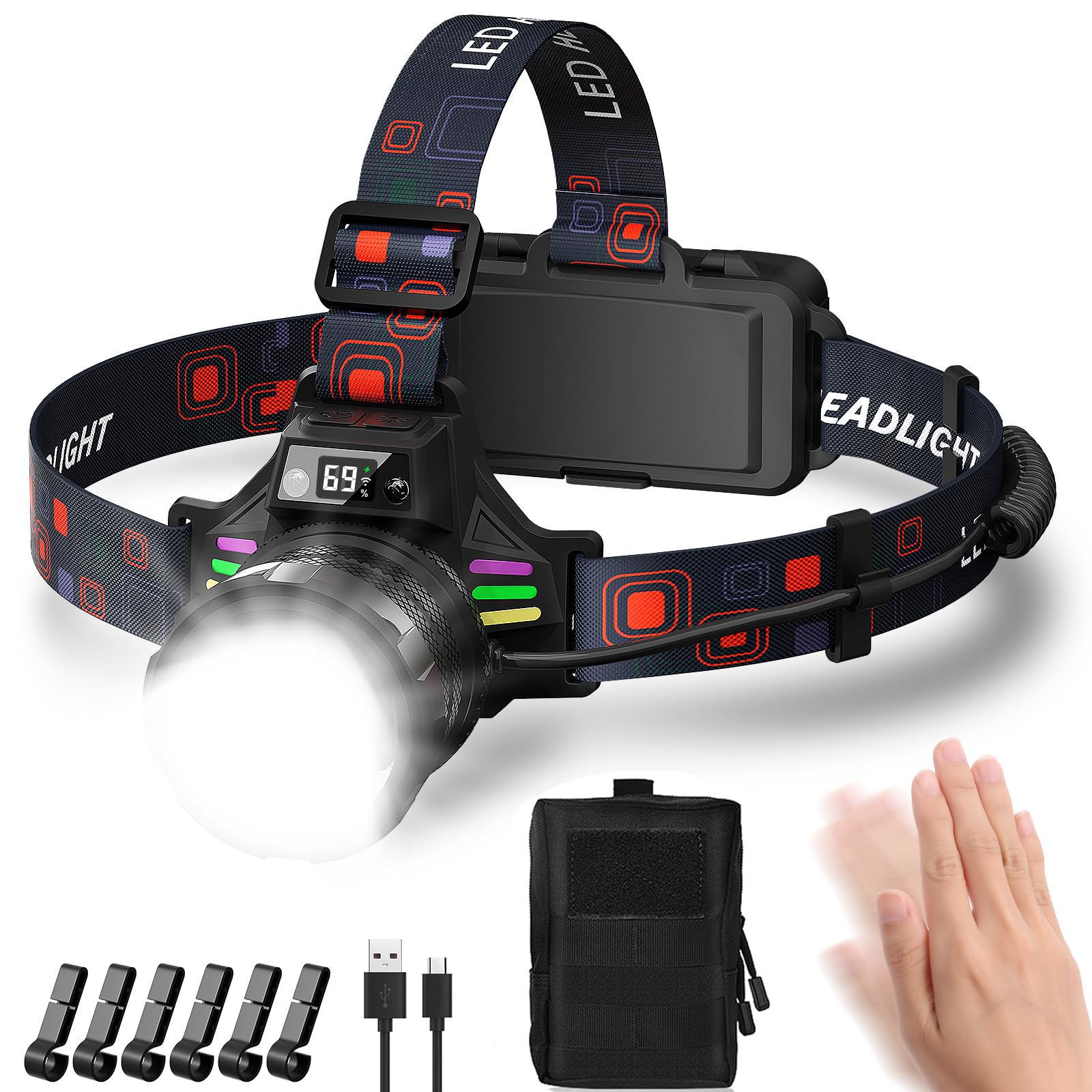 Headlamp Rechargeable,500000 High Lumens Zoomable Motion Sensor Head ...