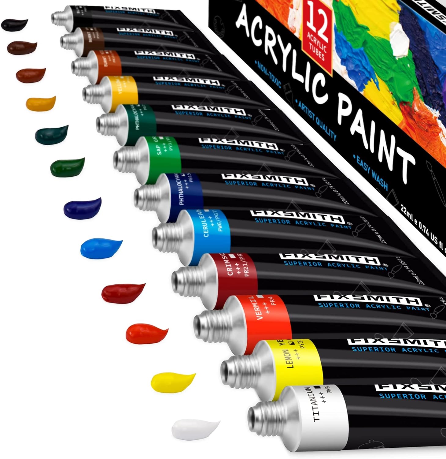 Amazon.com: FIXSMITH Acrylic Paint, Set of 12 Colors/Tubes (0.74 oz, 22 ...
