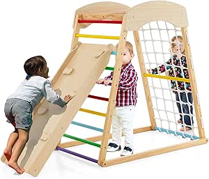 COSTWAY Toddler Climbing Frame, Wooden Montessori Play Gym with Double ...