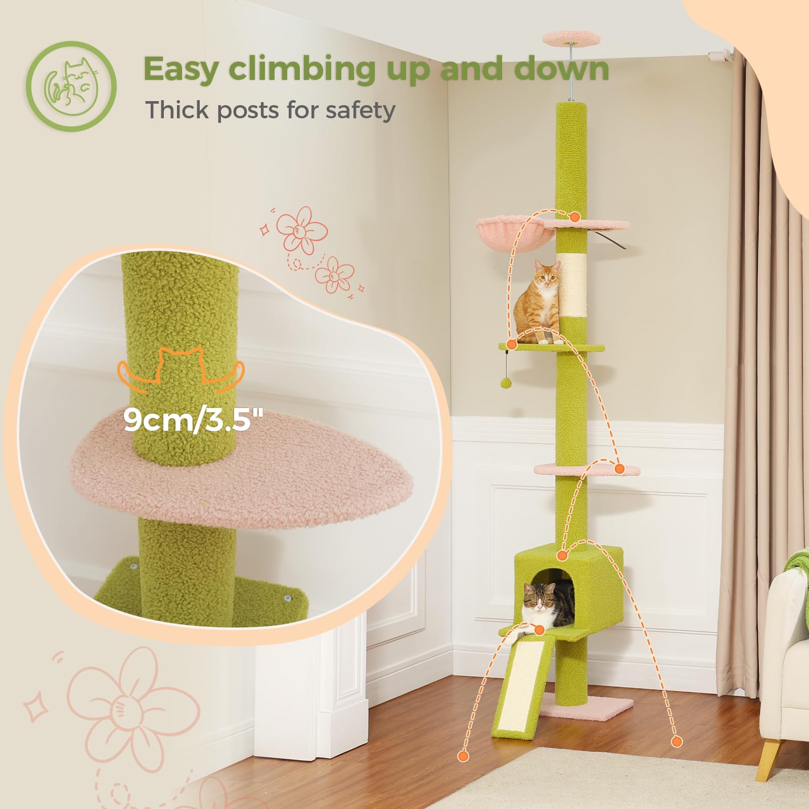 PEQULTI Tall Cat Tree Floor to Ceiling Cat Tower, Adjustable Height (83 ...