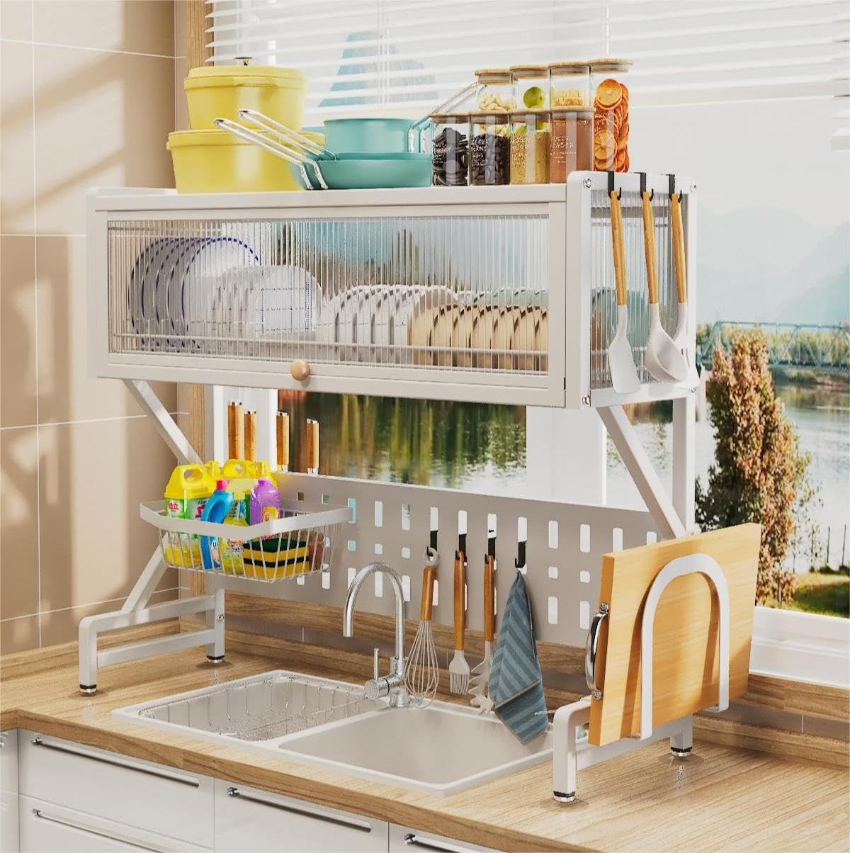 Amazon.com - HOLMZCED 2 Tiers Dish Drying Rack with Door, Freestanding ...