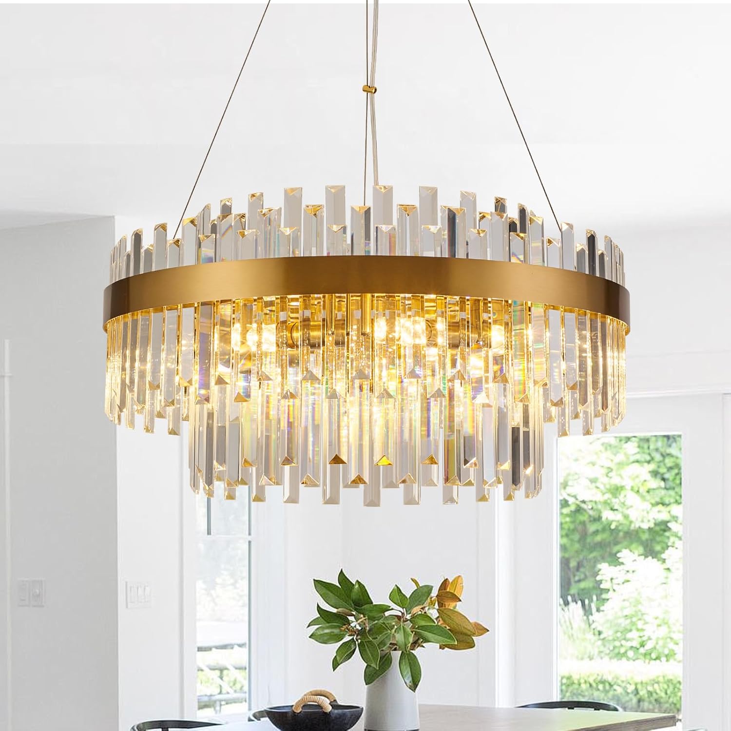 PAFEE 20" Large Brass Round Chandelier Modern Crystal Chandelier 6 ...