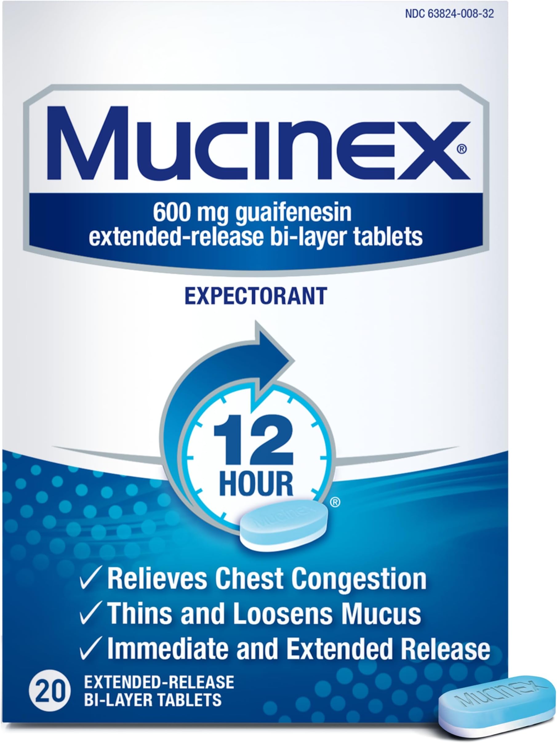 Amazon.com: Mucinex 12 Hour 600 mg Guaifenesin Extended-Release Tablets ...