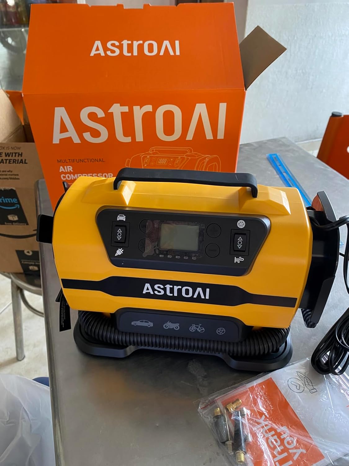 AstroAI Tire Inflator Light Yellow 150PSI 12V DC/110V AC with Dual Metal Motors, Portable Air ...