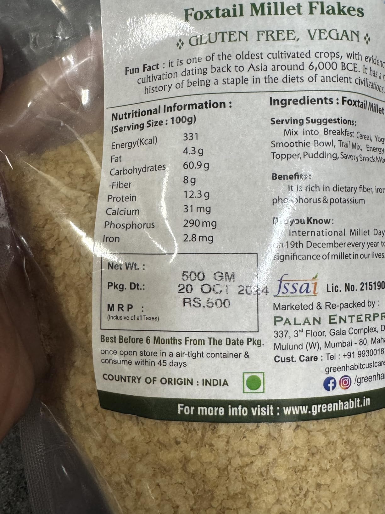 GreenHabit Foxtail Millet Flakes 500g - Nutritious and Gluten-Free ...
