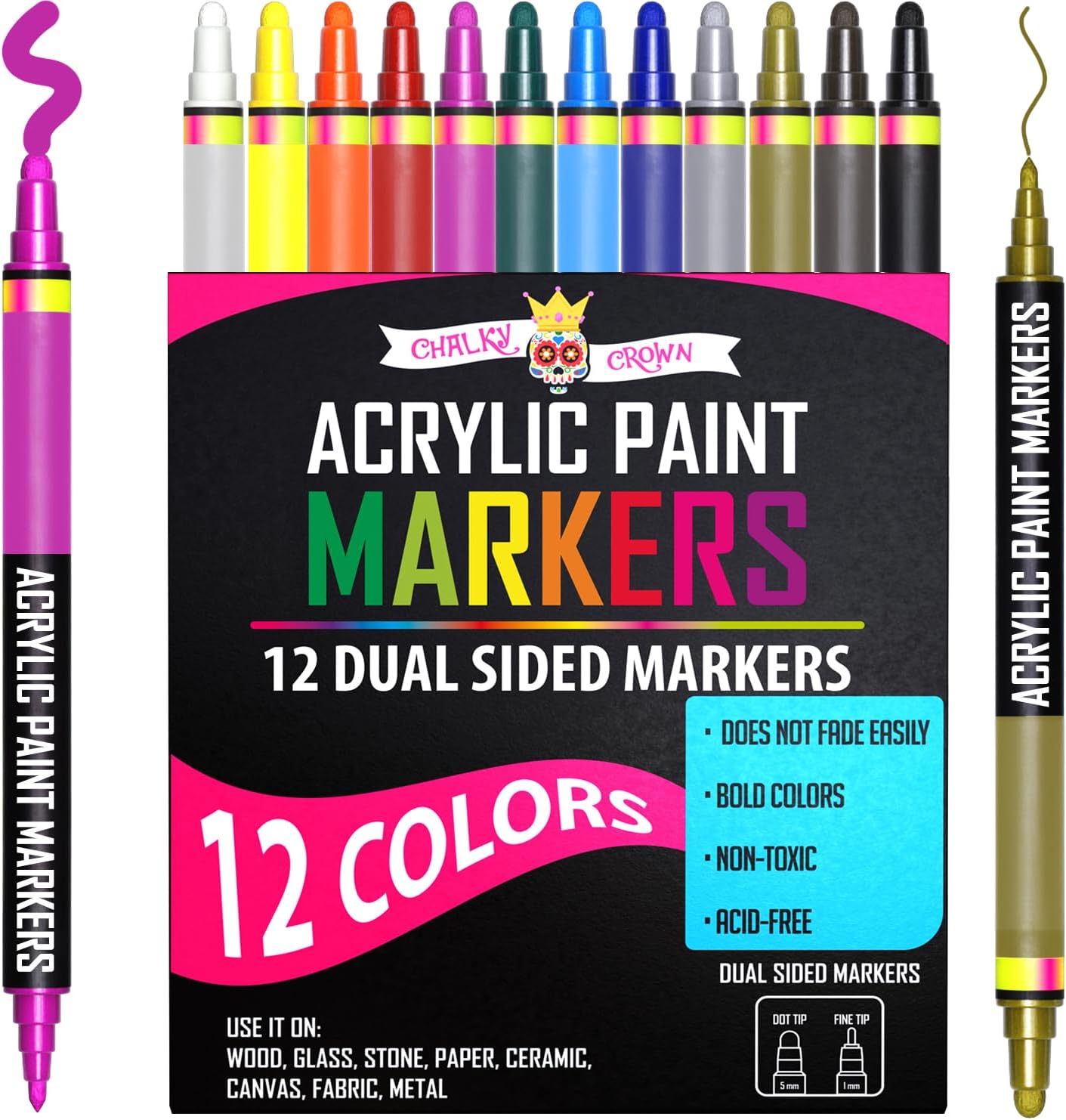 Amazon.com: Acrylic Paint Markers Dual Tip (12 Pack) - Acrylic Markers ...