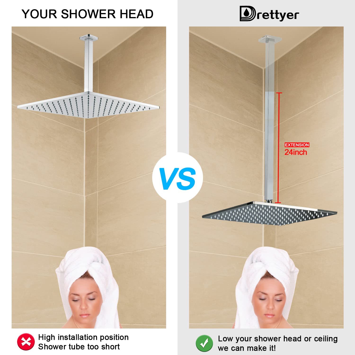Shower Arm with Flange 24 Inches Ceiling Mount Square Straight Extender ...