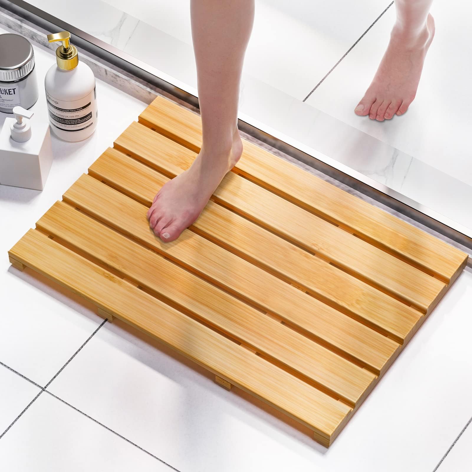 Amazon.com: Bamboo Bath and Shower Mat - Non Slip Wood Design - with ...