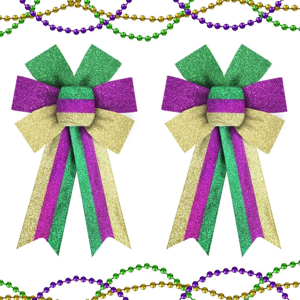 Amazon.com: 2pcs Mardi Gras Wreath Bows, Green Gold Glitter Bows for ...