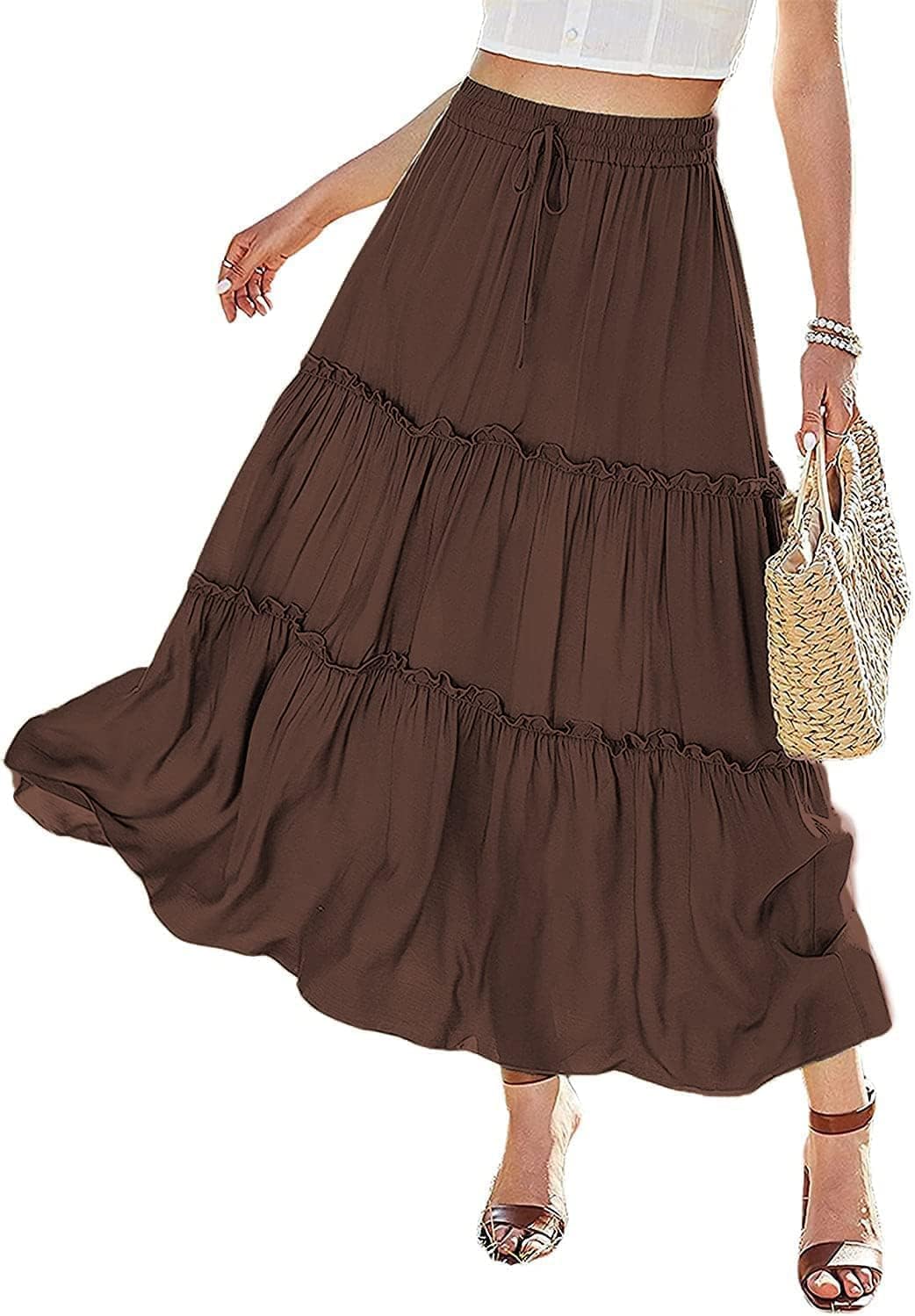 Amazon.com: Avanova Women Elastic High Waist A Line Maxi Skirts Layer ...